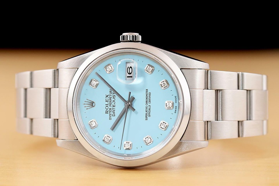 ROLEX MENS DATEJUST AQUA BLUE DIAMOND STAINLESS STEEL WATCH w/ ROLEX ...