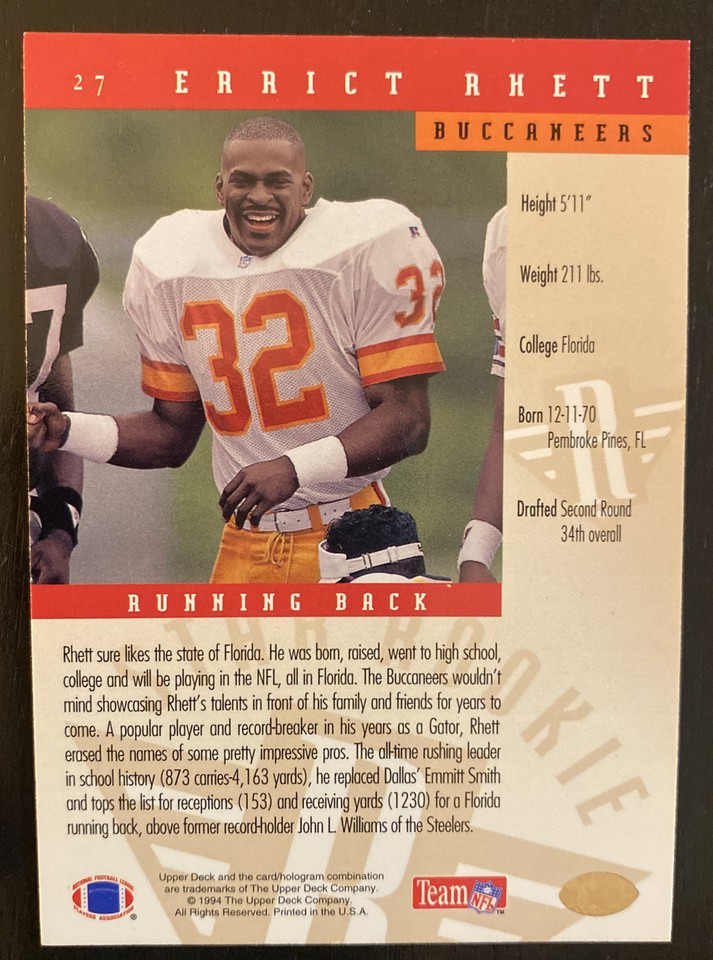 ERRICT RHETT 1994 Upper Deck Star Rookie Card #27 FLORIDA GATOR / Tampa ...