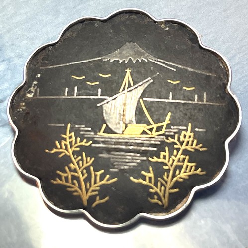 Damascene scalloped Round Brooch/Pin, River Boat, Signed Amita | eBay