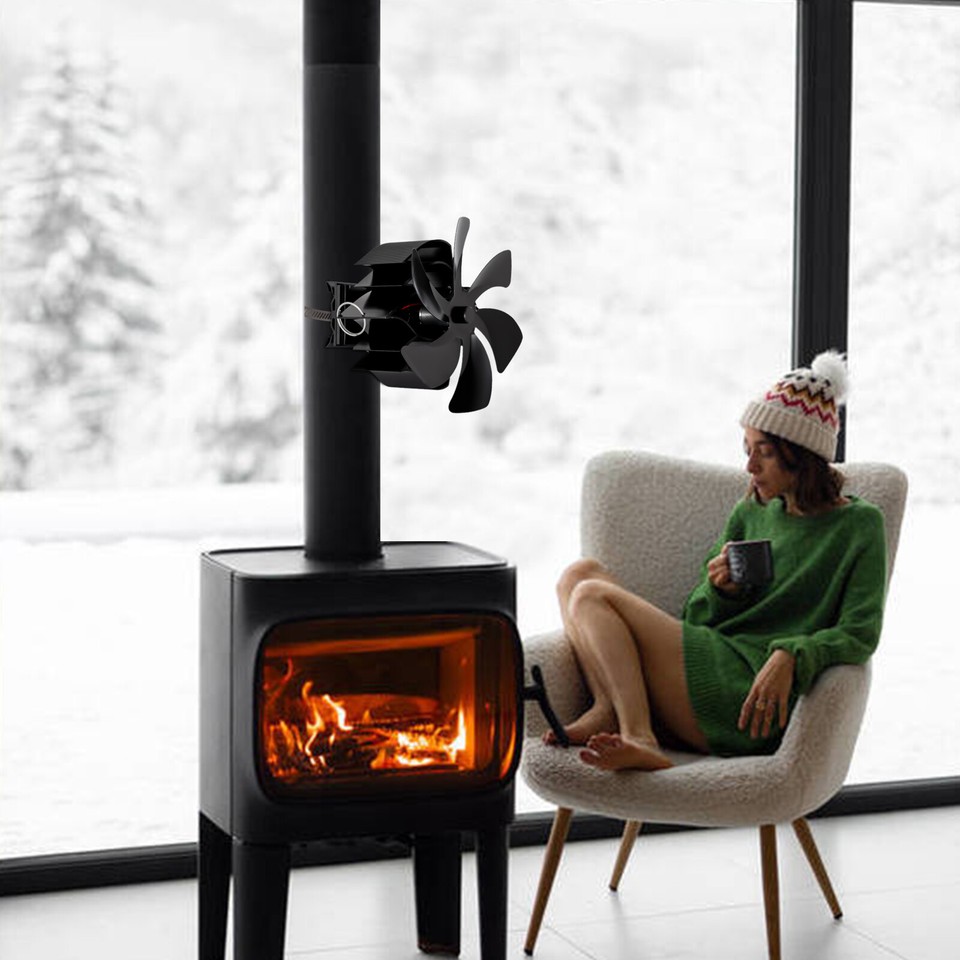 6 Blades Home Flue Pipe Stove Fan Fireplace Wood Burning Heat Powered ...