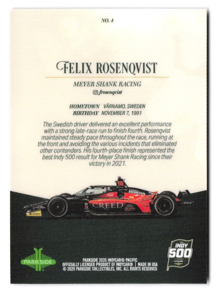 2025 Parkside IndyCar Pacific Felix Rosenqvist #4 Indy 500 Holo Prizm ...