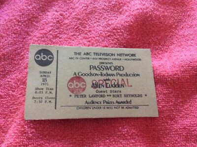 PASSWORD TAPING TICKET ALLEN LUDDEN PETER LAWFORD BURT REYNOLDS RARE ...