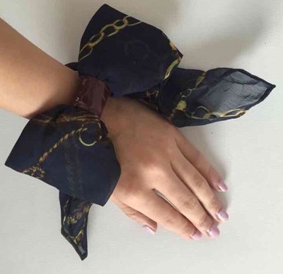 New Japan Navy Blue Chiffon Large Bow Scarf Style Chains Print Hair Tie ...