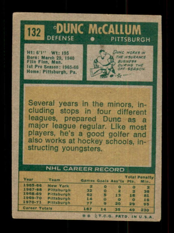 1971-72 Topps #132 Dunc McCallum G RC Rookie Penguins 546077 | eBay