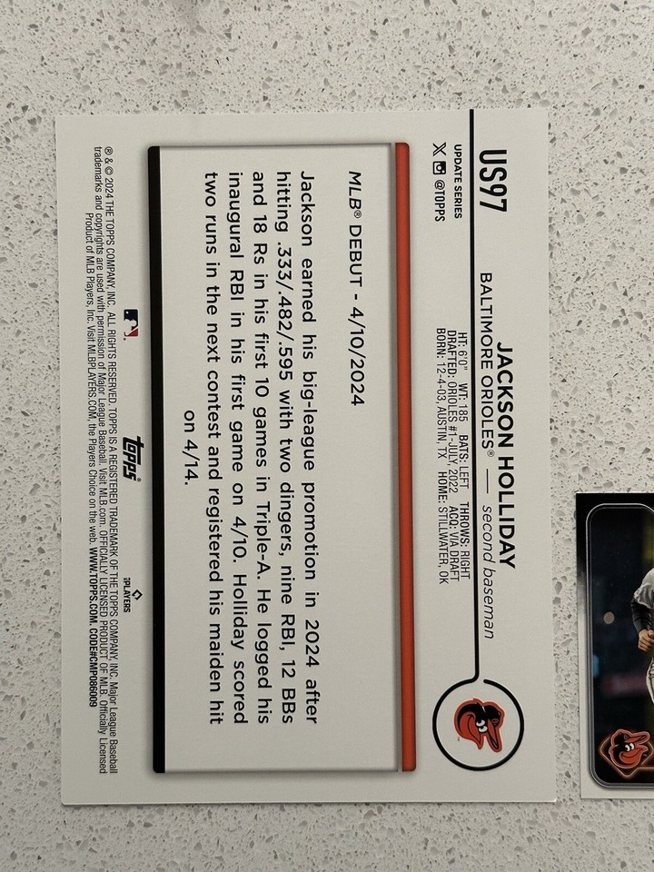 2024 Topps Update US97 Jackson Holiday OVERSIZE Rookie Card Jumbo | eBay