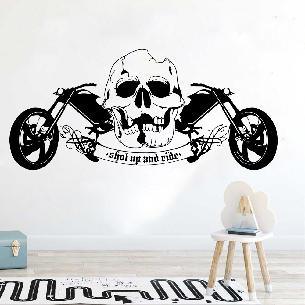 Shut Up And Ride Motorcycle Skull Decal Playroom Retro Motorbike Wall ...