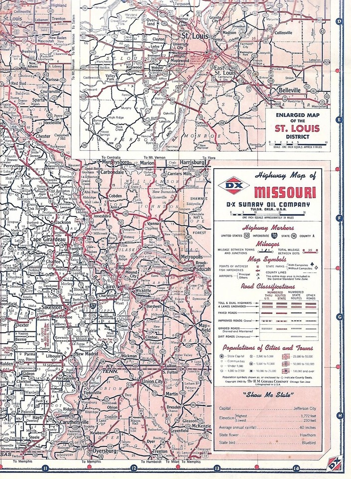1960 DX D-X SUNRAY Road Map MISSOURI Route 66 Springfield Kansas City ...