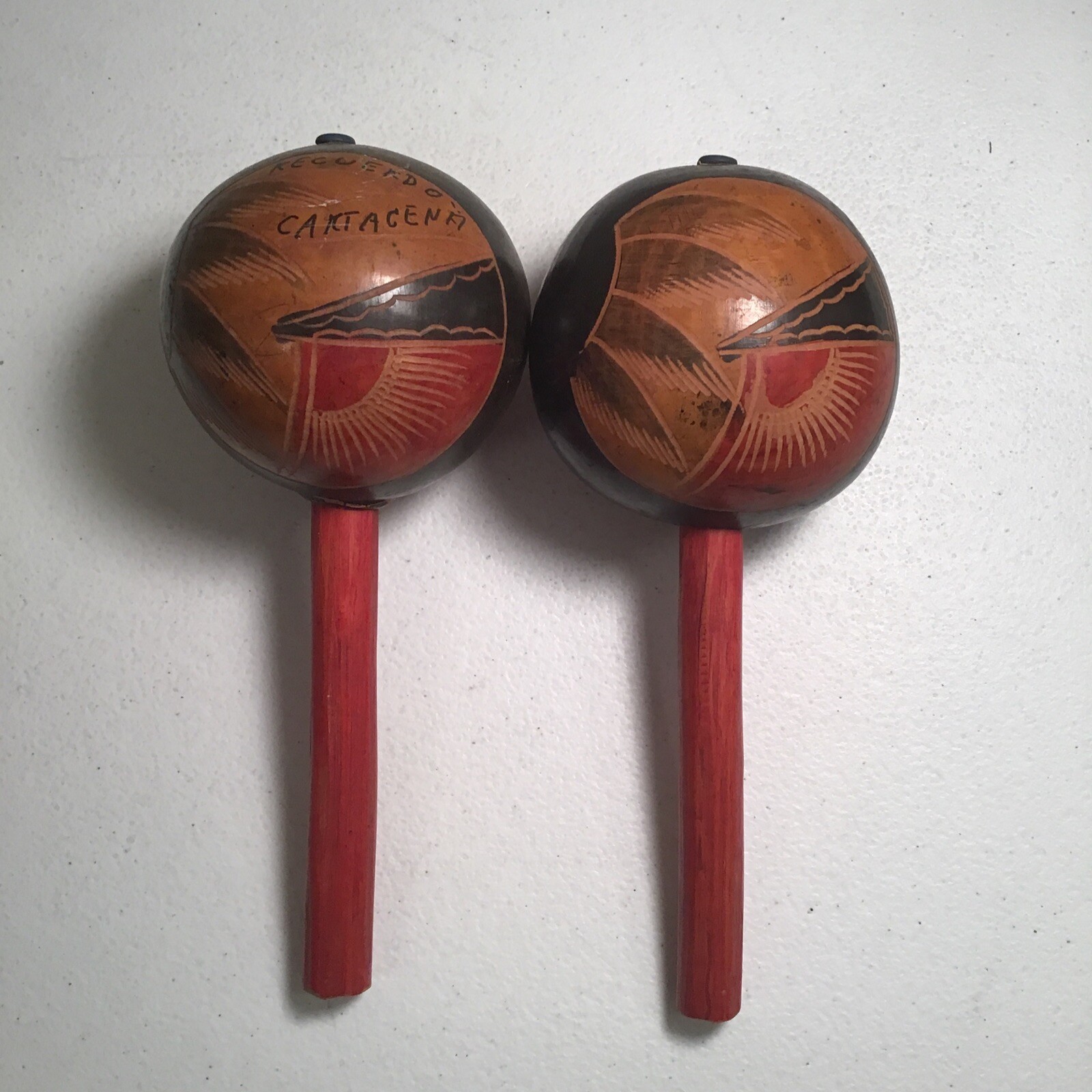 Recuerdo De Cartagena Wood Handmade Maracas Painted Art Vintage ...