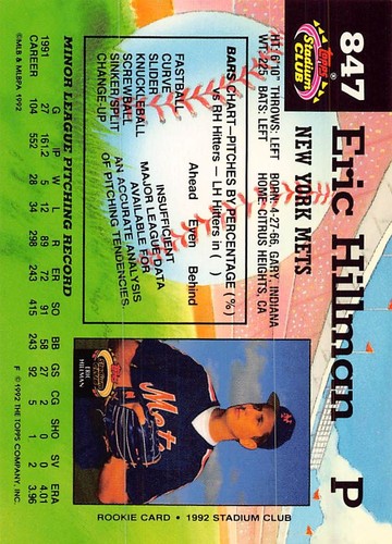 Eric Hillman 1992 Stadium Club 847a New York Mets Rookie BASEBALL Card ...
