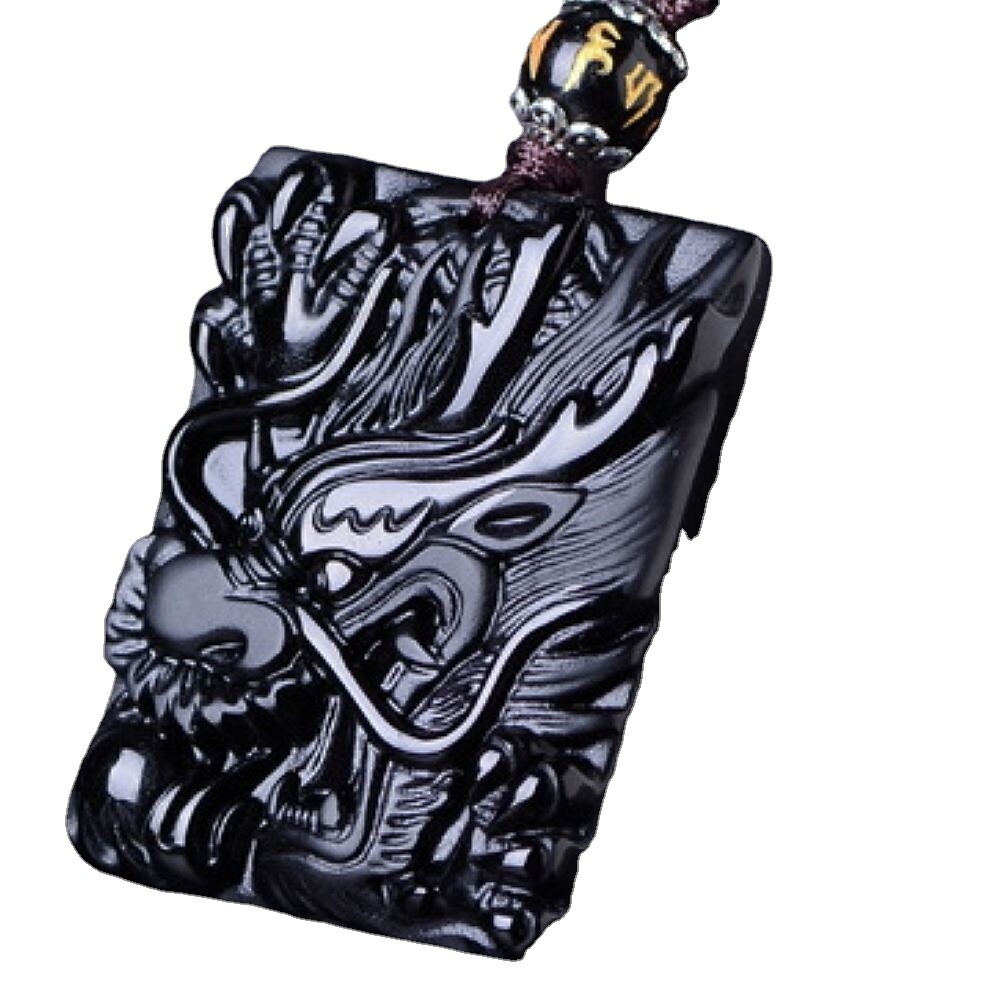 Natural black Obsidian rectangle dragon Necklace pendant with ...