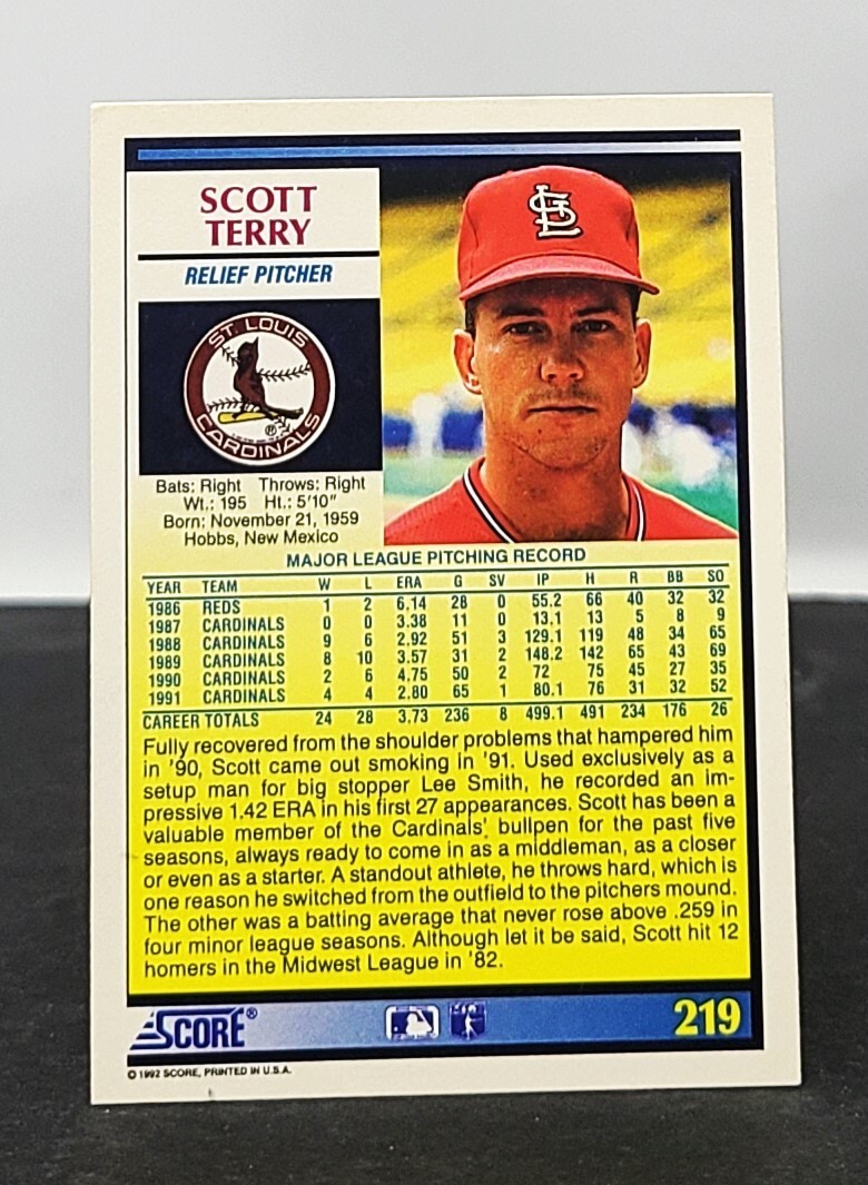 SCOTT TERRY Signed Autographed 1992 Score Baseball Card #219 St. Louis ...