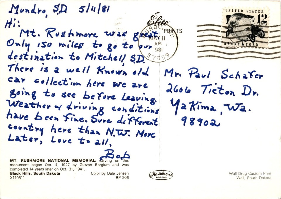 Mundro, Mt. Rushmore, Mitchell SD, Mr. Paul Schafer, Yakima Postcard | eBay