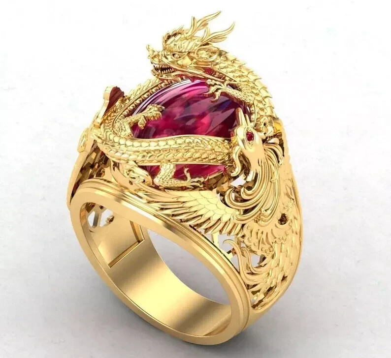 3.00Ct Oval Cut Lab Created Red Ruby Dragon Faced Ring 14K Yellow Gold ...