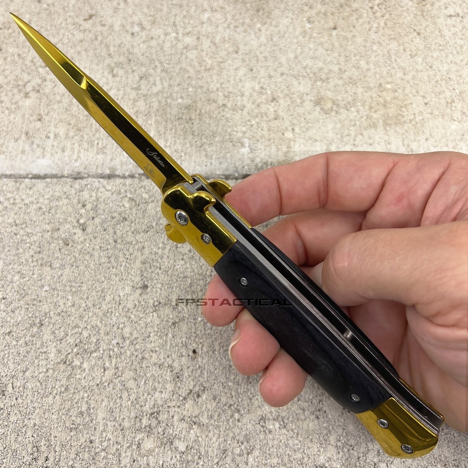 Falcon Golden Mirror Spring Assist Stiletto Knife w Black Ash Wood ...