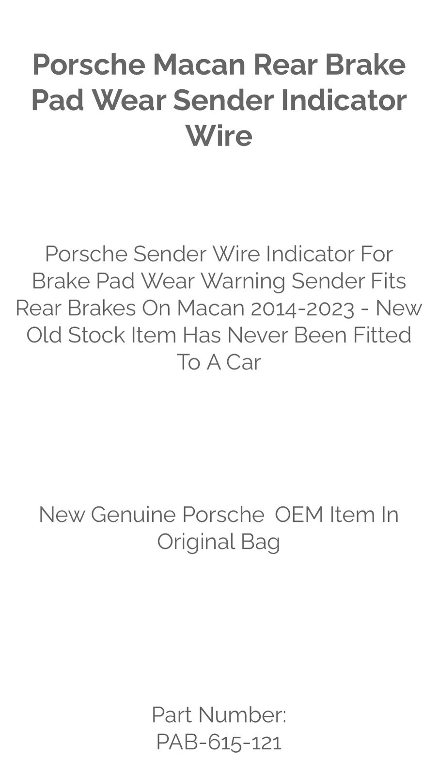 Porsche Macan Genuine New Rear Brake Pad Wear Indicator Sender Wire ...