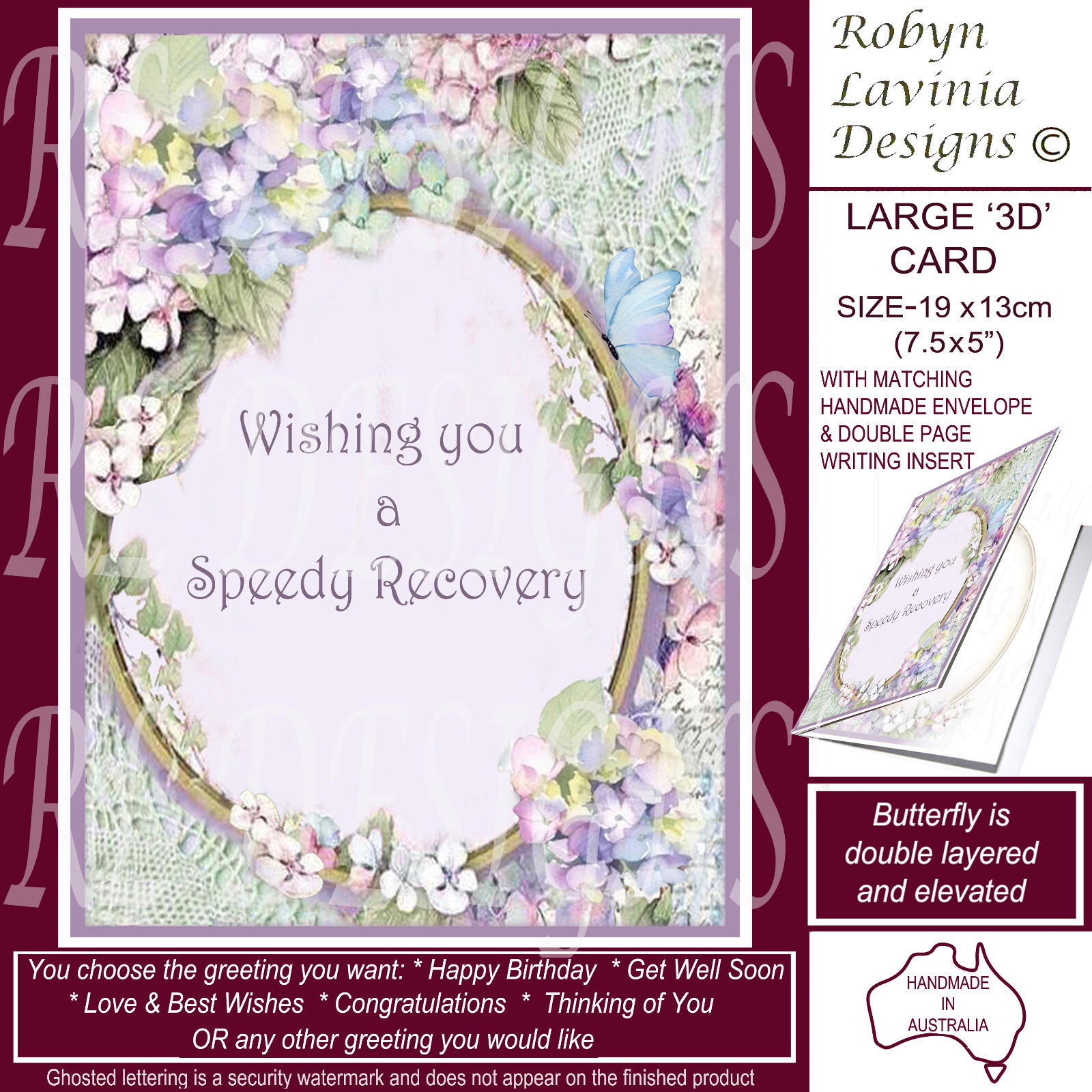 LARGE A5 Get Well Card Hydrangeas sick, recovery, hospital Australian ...