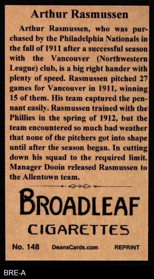 1912 T207 Reprint Arthur Rasmussen Phillies 8 - NM/MT | eBay