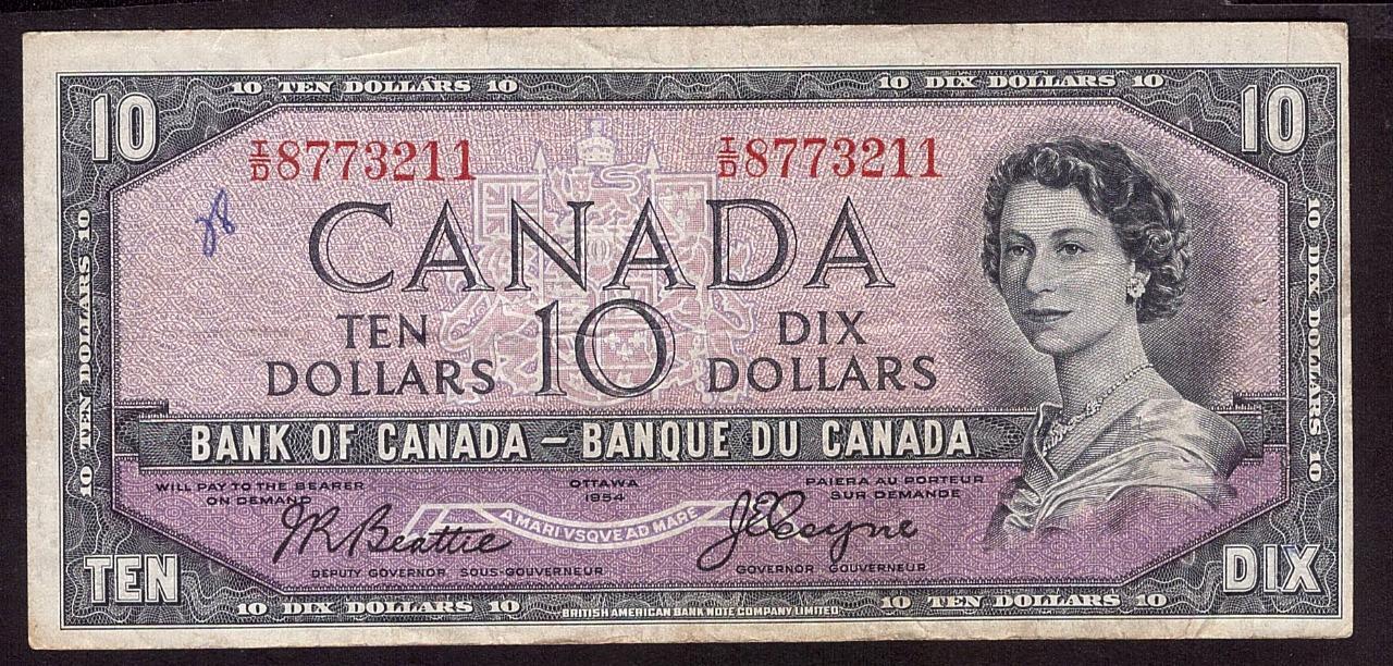 1954 Canada $10 Devils Face note Beattie Coyne BC32b I/D8773211 VF ...