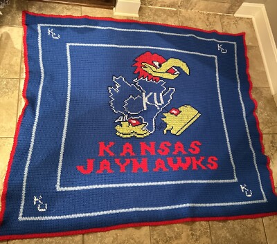 Handmade Crochet Blanket KU Jayhawks Kansas University College Afghan ...