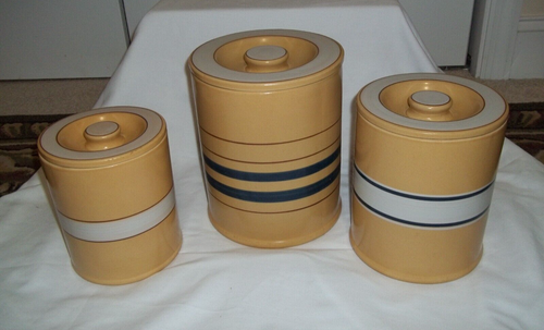 Over and Back Yellow Ware Canisters Crocks Set of 3 - White Brown Blue ...