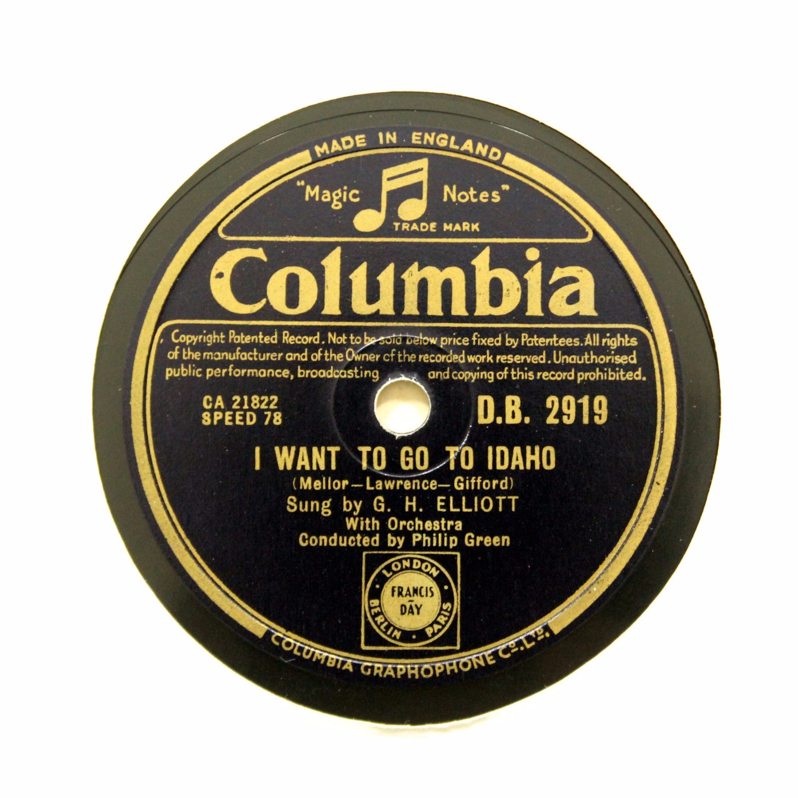 G. H. ELLIOTT "I Want To Go To Idaho" (EE+) COLUMBIA DB-2919 [78 RPM ...