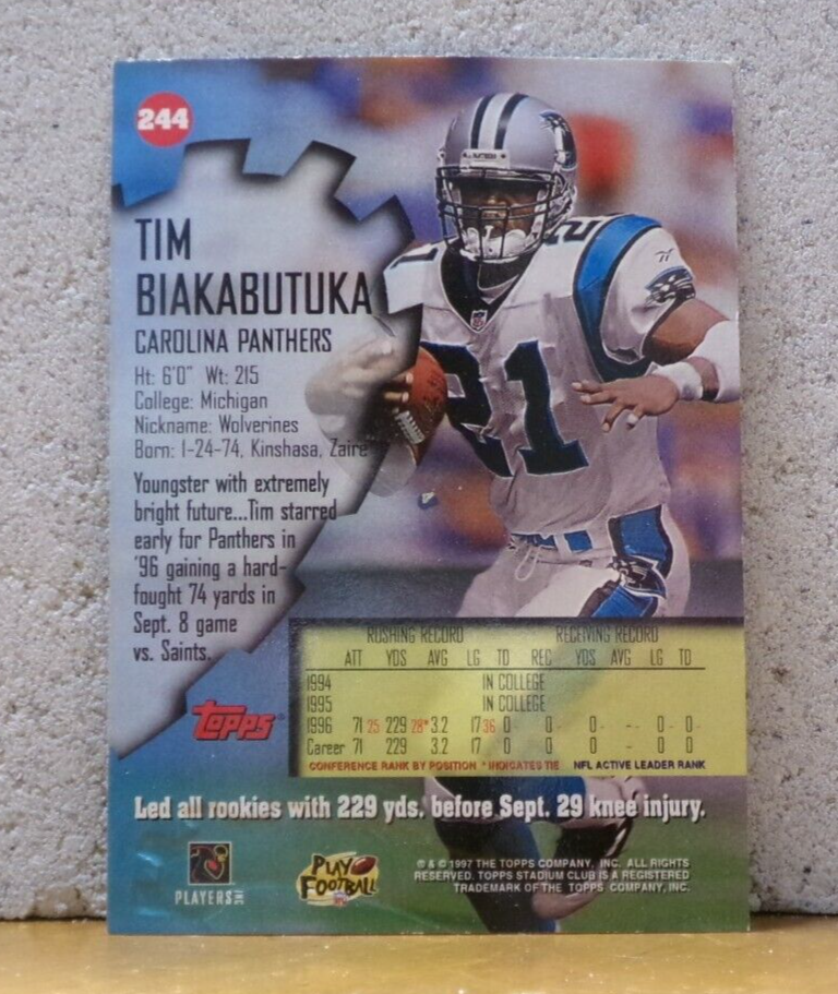 AUCTION - 549 FOOTBALL CARD STADIUM CLUB TIM BIAKABUTUKA RB CAROLINA ...