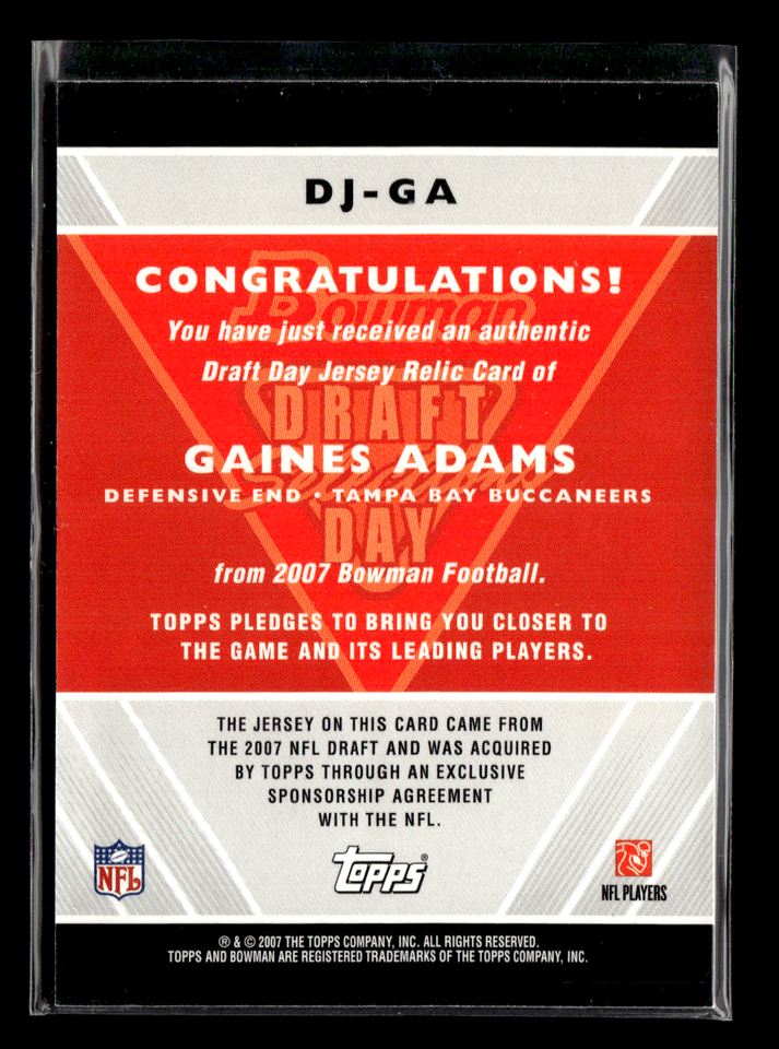 2007 Bowman #DJ-GA Gaines Adams Draft Day Selections Relics | eBay