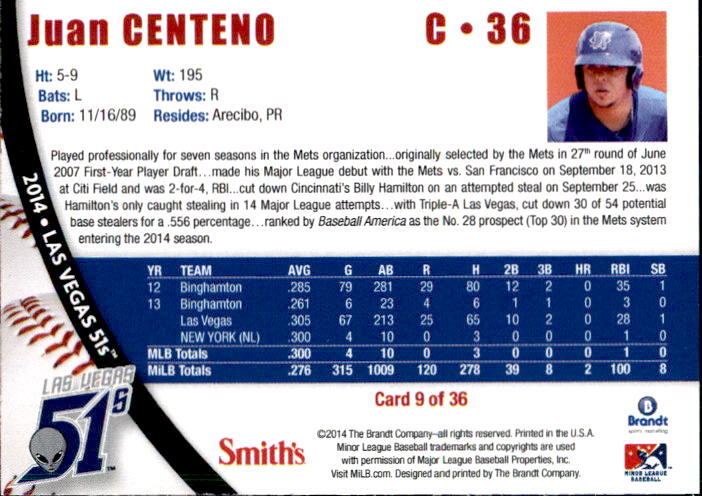 2014 Las Vegas 51s Brandt #9 Juan Centeno Arecibo Puerto Rico PR ...