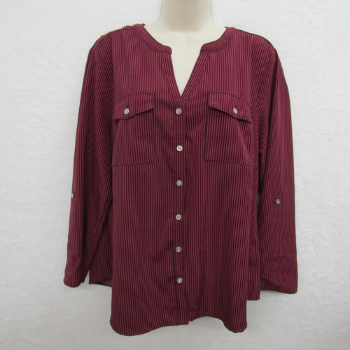 Notations Top Blouse Women's L Red Black Striped 3/4 Sleeve Button ...