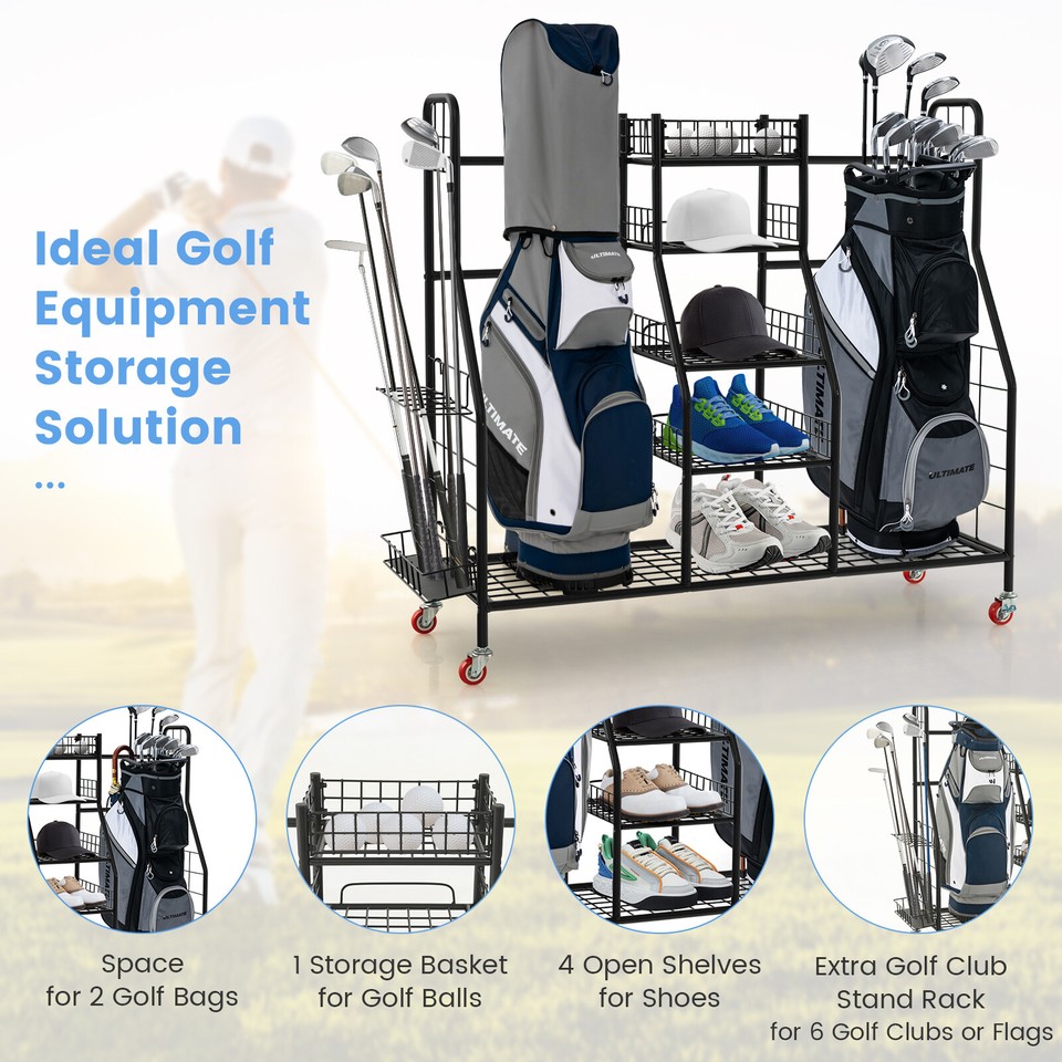 Golf Bag Storage Organizer, Heavy Duty Metal Double Golf Bag Storage ...