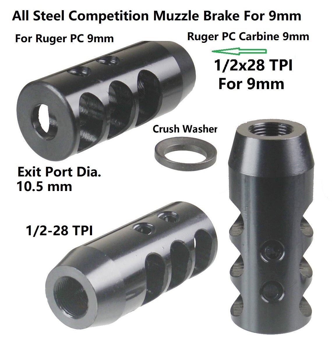Ruger PC 9 mm 1/2x28 TPI Low Concussion Competition Muzzle Brake ...