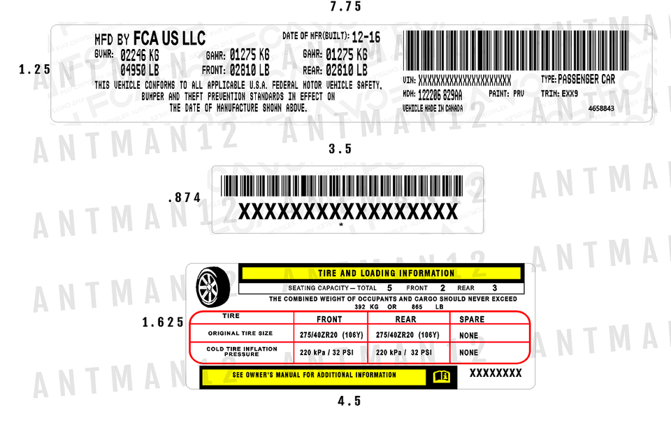 CUSTOM FCA CHRYSLER Decal Sticker ID Label Tire Loading Information VIN ...