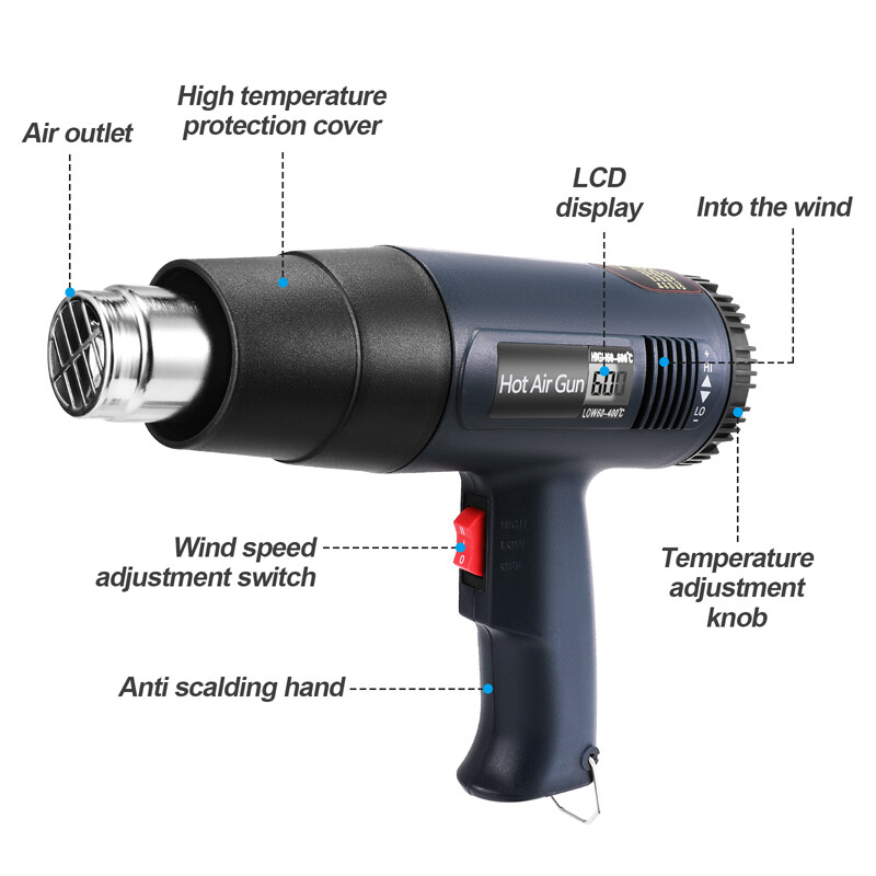 2000W Heat Gun Hot Air Heater Gun Digital LCD Display Dual Temperature ...