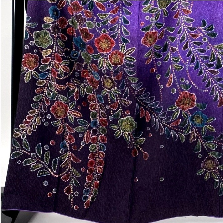 Japanese kimono SILK"FURISODE" Patterns Shibori dye,GLD leaf, PurpleL,5 ...