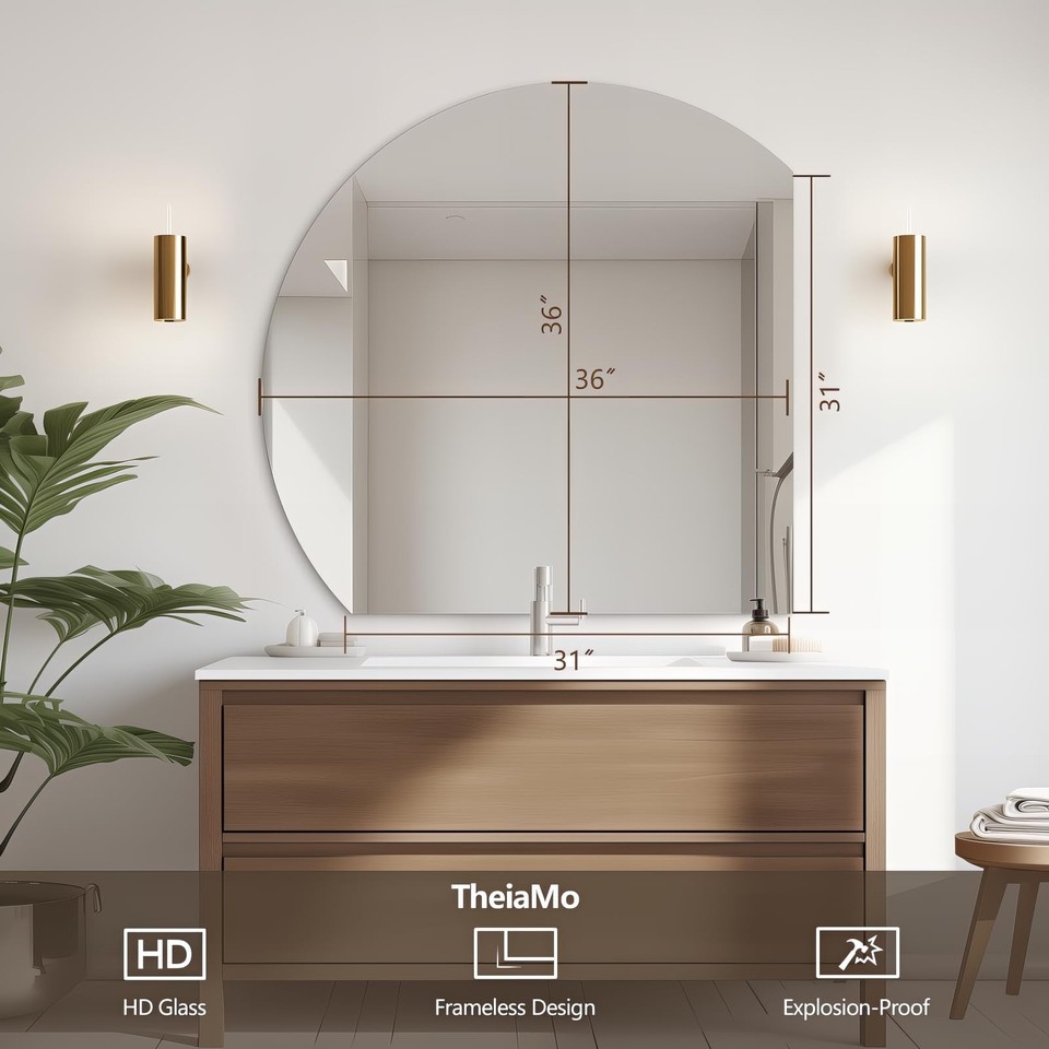 Half Moon Wall Mirror for Bathroom, 36" Frameless Bathroom Mirror ...