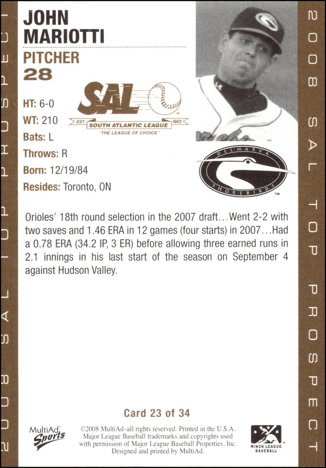 2008 MultiAd South Atlantic League #23 John Mariotti Rookie Delmarva ...