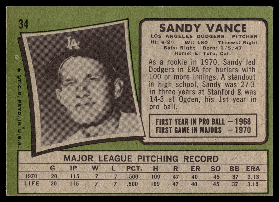 1971 Topps #34 Sandy Vance Very good | eBay