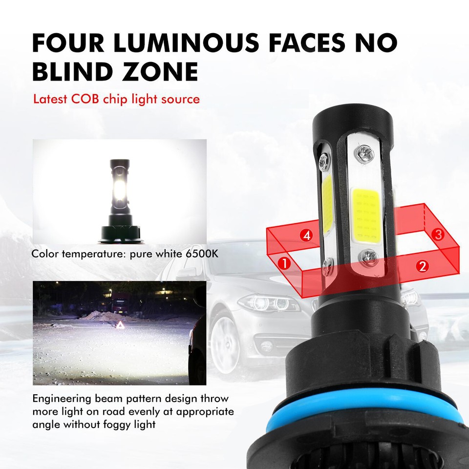 4 Sided 9004 LED Headlight Bulb Hi/Lo Beam 10000W 3600000LM 6000K Super ...