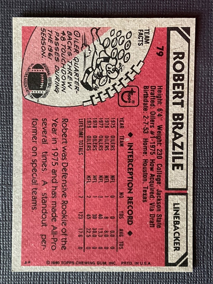 Robert Brazile 1980 Topps Football Card #79 - Houston Oilers Linebacker ...