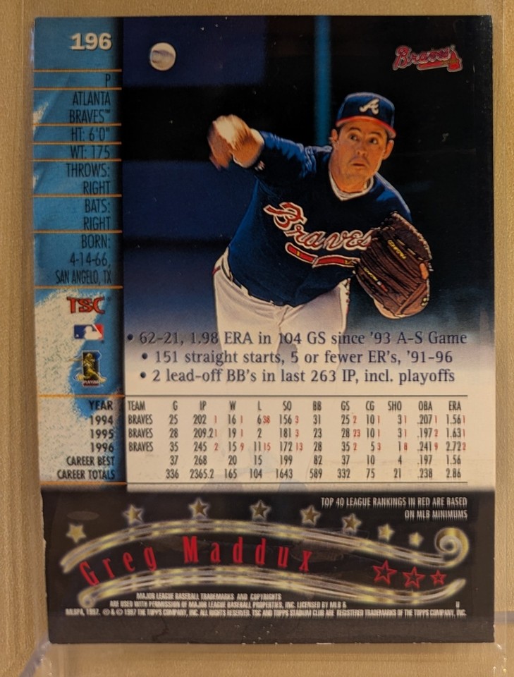 1997 Topps Stadium Club MATRIX #196 Greg Maddux Braves Refractor RARE ...