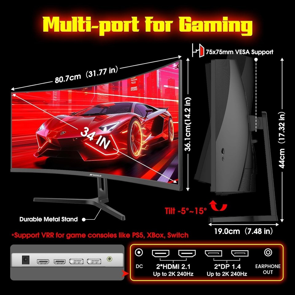 34 Inch 240Hz Ultrawide Curved Gaming Monitor UWQHD 3440×1440, 21:9 2K ...