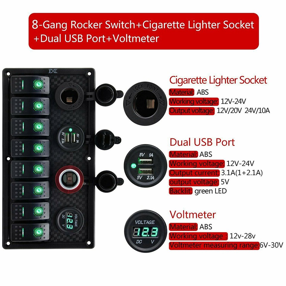 8 Gang Toggle Rocker Switch Panel for Car Boat Marine RV Truck Green ...