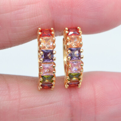 18K Yellow Gold Filled Women Multicolour Topaz Square Huggie Earrings ...