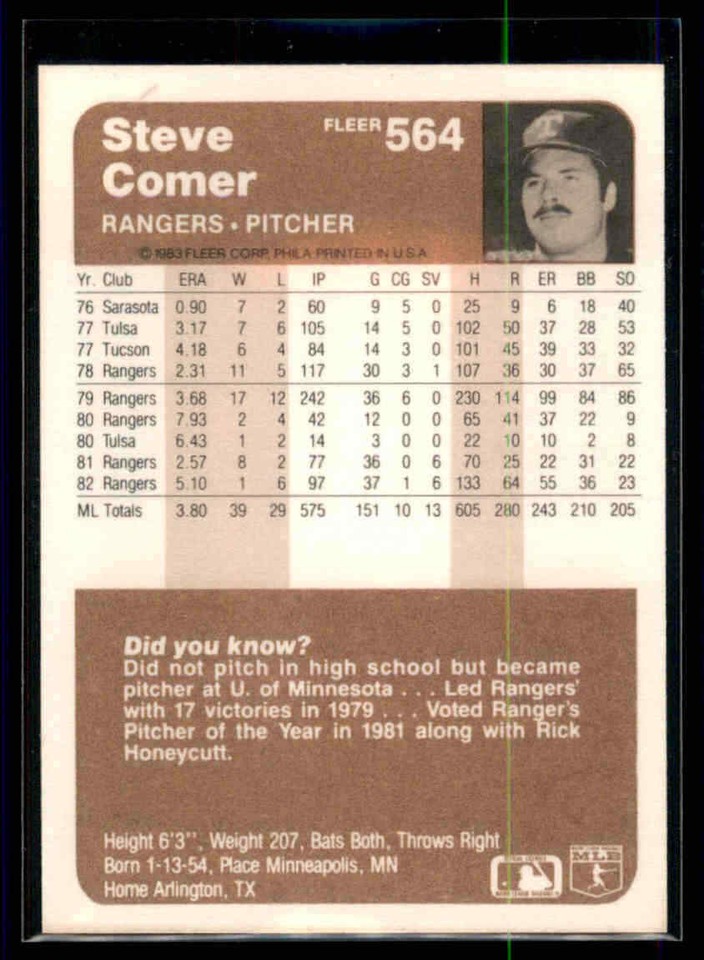 1983 Fleer Steve Comer #564 Texas Rangers | eBay