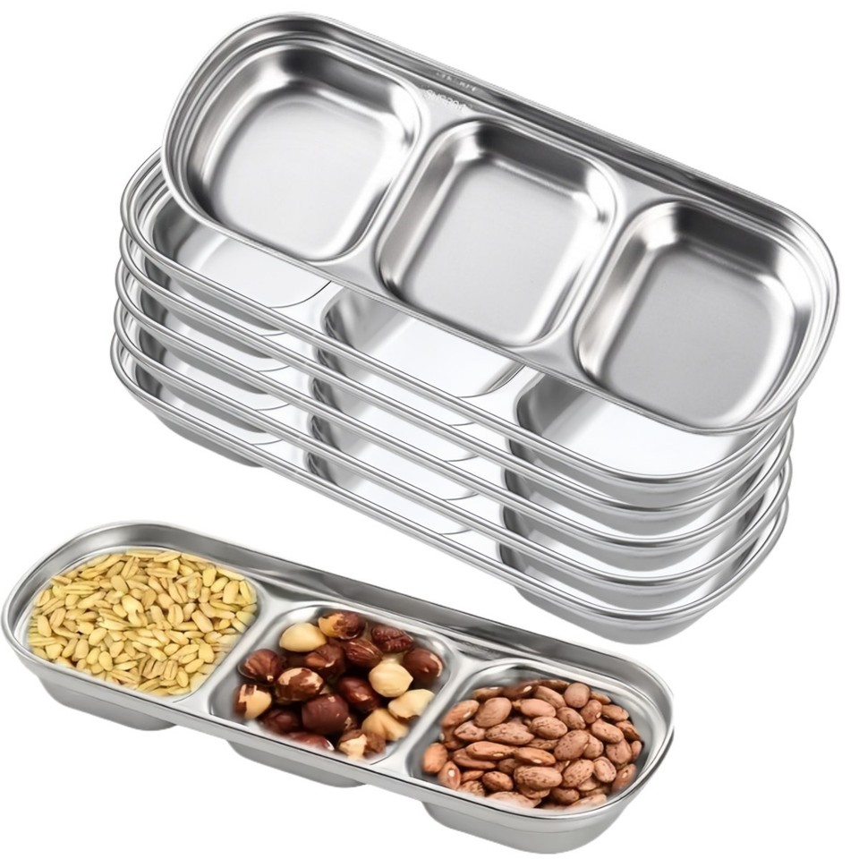 6 Pack Stainless Steel Sauce Dishes 3 Compartment Plates for BBQ Meals ...
