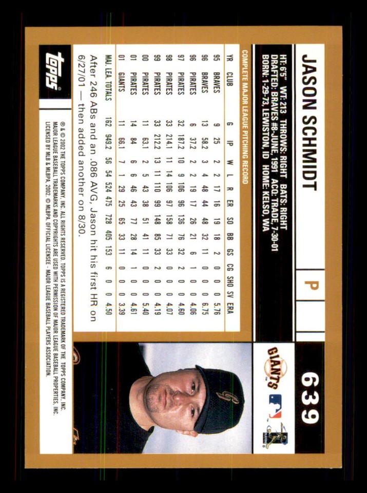 2002 Baseball Topps Jason Schmidt San Francisco Giants #639 | eBay
