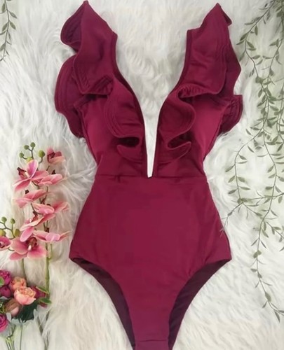 Sexy Ruffle Deep V-Neck One Piece Swimsuit Women's Size L Burgundy Wine ...