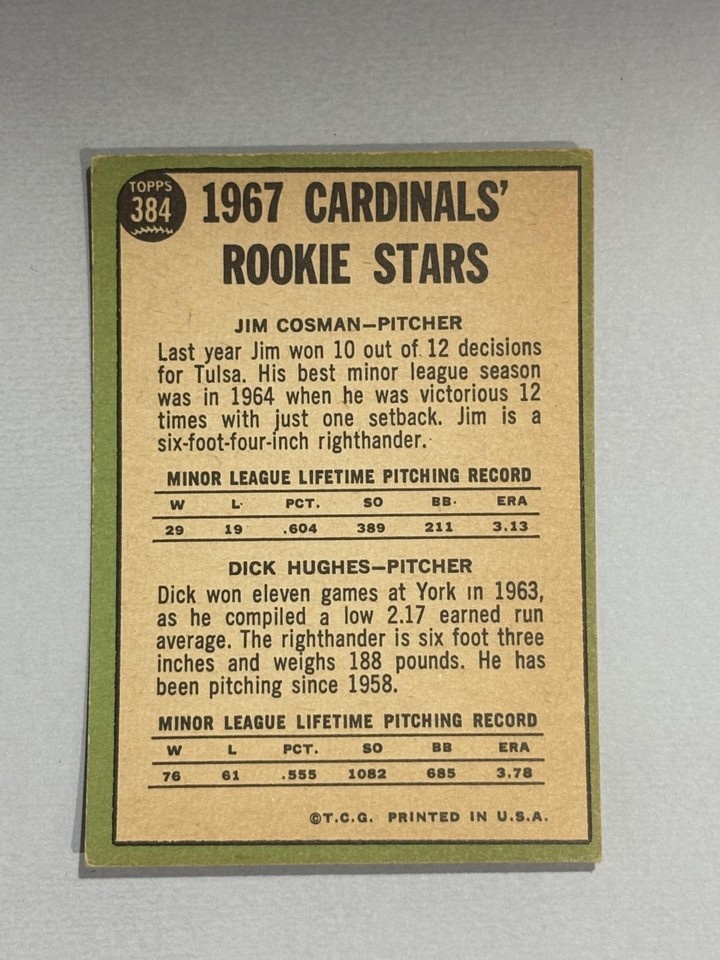 Jim Cosman Dick Hughes 1967 Topps Rookie Stars Cardinals #384 O547 | eBay