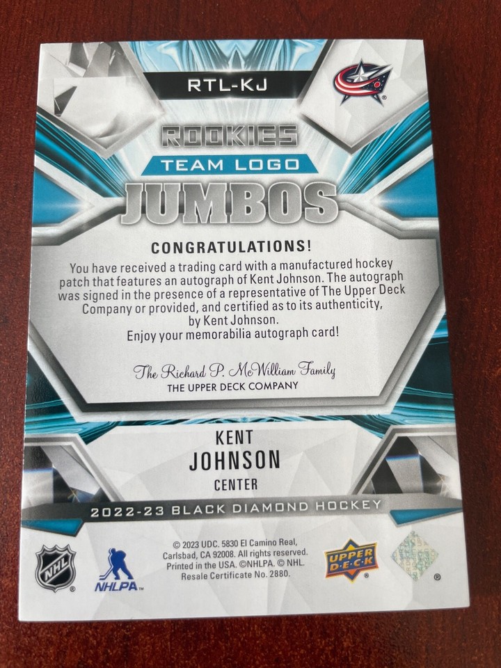 🏒 22-23 BLACK DIAMOND TEAM LOGO JUMBOS AUTO - KENT JOHNSON RC /99 #RTL ...