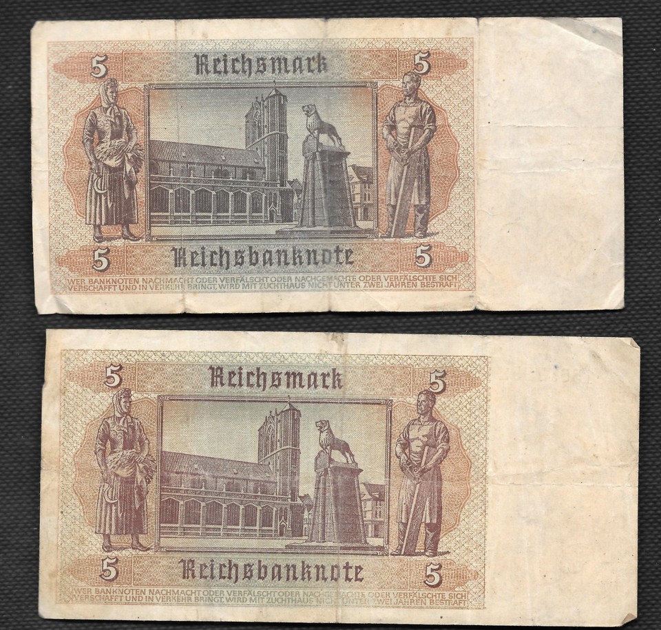 Nazi - Germany Lot of 2 x 5 Mark 1942 Circulated Banknotes | eBay